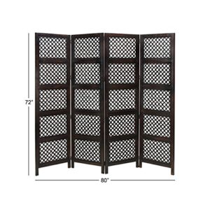 Deco 79 Wood Floral Handmade Hinged Foldable Partition 4 Panel Room Divider Screen with Intricately Carved Designs, 80" x 1" x 72", Brown