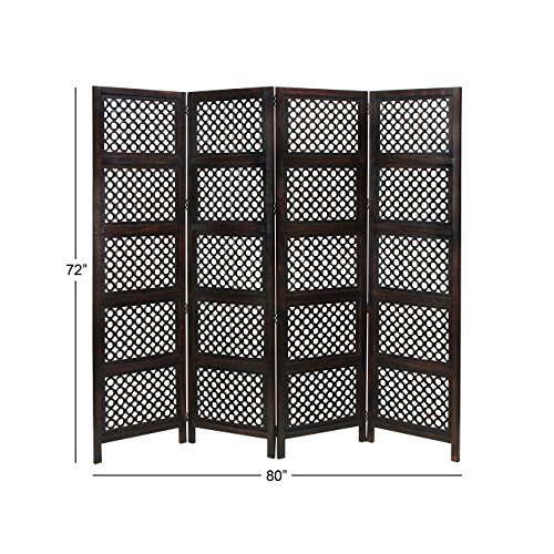 Deco 79 Wood Floral Handmade Hinged Foldable Partition 4 Panel Room Divider Screen with Intricately Carved Designs, 80" x 1" x 72", Brown