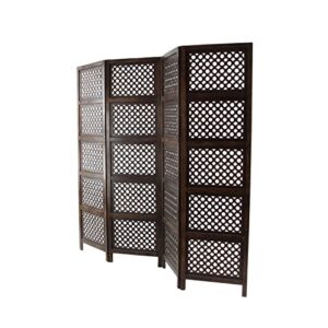 Deco 79 Wood Floral Handmade Hinged Foldable Partition 4 Panel Room Divider Screen with Intricately Carved Designs, 80" x 1" x 72", Brown