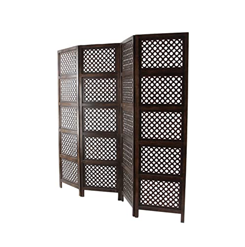 Deco 79 Wood Floral Handmade Hinged Foldable Partition 4 Panel Room Divider Screen with Intricately Carved Designs, 80" x 1" x 72", Brown