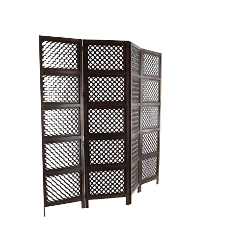 Deco 79 Wood Floral Handmade Hinged Foldable Partition 4 Panel Room Divider Screen with Intricately Carved Designs, 80" x 1" x 72", Brown