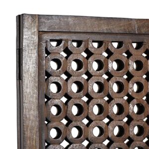 Deco 79 Wood Floral Handmade Hinged Foldable Partition 4 Panel Room Divider Screen with Intricately Carved Designs, 80" x 1" x 72", Brown