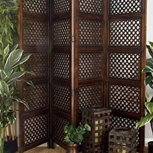 Deco 79 Wood Floral Handmade Hinged Foldable Partition 4 Panel Room Divider Screen with Intricately Carved Designs, 80" x 1" x 72", Brown