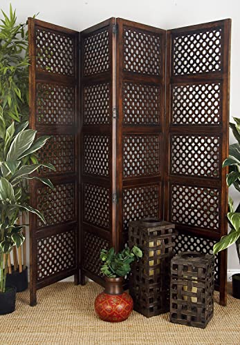 Deco 79 Wood Floral Handmade Hinged Foldable Partition 4 Panel Room Divider Screen with Intricately Carved Designs, 80" x 1" x 72", Brown