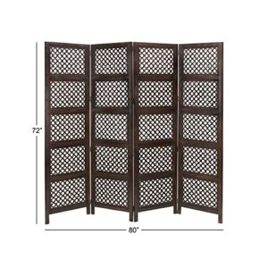 Deco 79 Wood Floral Handmade Hinged Foldable Partition 4 Panel Room Divider Screen with Intricately Carved Designs, 80" x 1" x 72", Brown