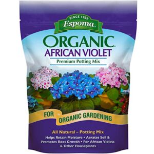 espoma organic natural and organic premium potting soil mix for african violets and all indoor flowering houseplants. for organic gardening. 4 quart bag