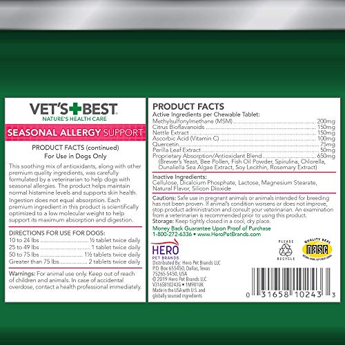 Vet’s Best Seasonal Allergy Relief | Dog Allergy Supplement | Relief from Dry or Itchy Skin | 60 Chewable Tablets