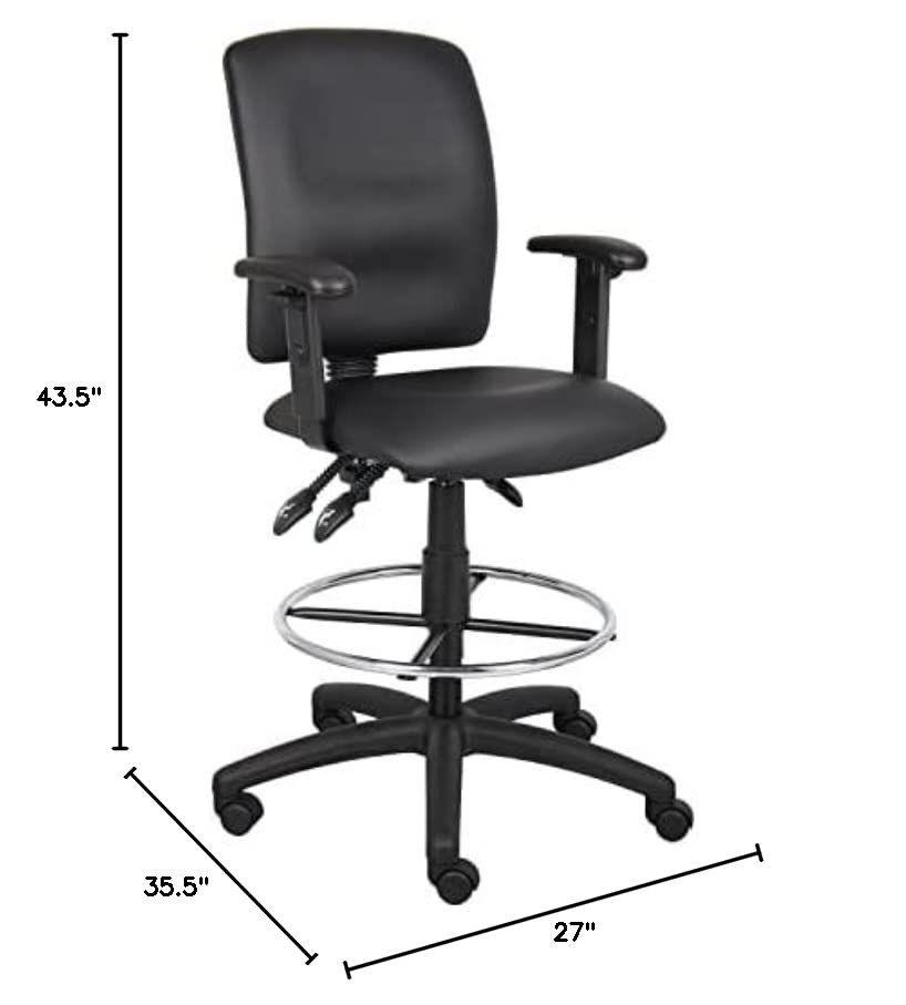 Boss Office Products Multi-Function LeatherPlus Drafting Stool with Adjustable Arms in Black