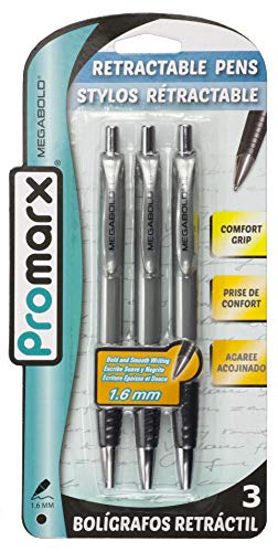 Promarx Megabold Retractable Ballpoint Pens with Comfort Grip, 1.6 mm, Black, 3 Count