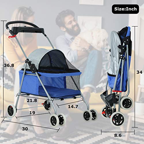 Pet Stroller 4 Wheels Posh Folding Waterproof Portable Travel Cat Dog Stroller with Cup Holder,Blue