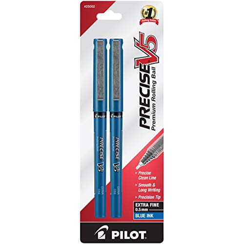 PILOT Precise V5 Stick Liquid Ink Rolling Ball Stick Pens, Extra Fine Point (0.5mm) Blue Ink, 2-Pack (25002)