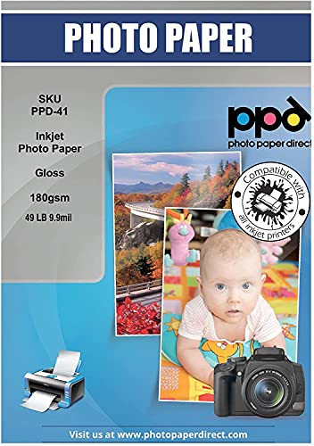 PPD 50 Sheets Inkjet Glossy Photo Paper - 11x17 inch Tabloid Size - 49lbs 180gsm 9.9mil - Instant Dry and Water Resistant (PPD-41-50)