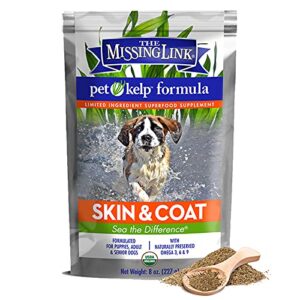 the missing link pet kelp skin & coat powder formula, organic & limited ingredient superfood supplement, kelp, flaxseed & sunflower seed, omegas support puppy, adult & senior dogs, 8oz