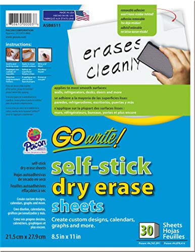 GoWrite! PACASB8511 Self-Adhesive Dry Erase Sheets, White, 8-1/2" x 11", 30 Sheets