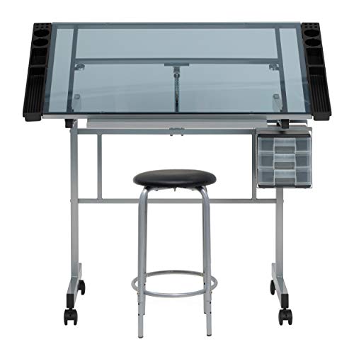 SD Studio Designs Studio Designs 2 Piece Vision Modern Metal Hobby, Craft, Drawing, Drafting Table, Mobile Desk with 40.75" W x 25.75" D Angle Adjustable Top in Silver/Blue Glass