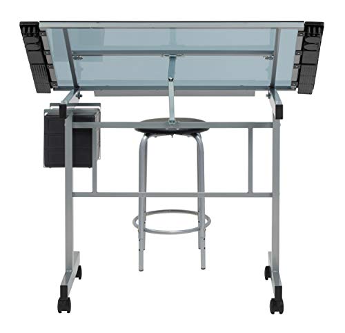 SD Studio Designs Studio Designs 2 Piece Vision Modern Metal Hobby, Craft, Drawing, Drafting Table, Mobile Desk with 40.75" W x 25.75" D Angle Adjustable Top in Silver/Blue Glass