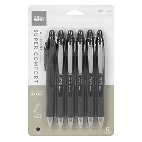 Office Depot® Retractable Ballpoint Pens With Grip, Medium Point, 1.0 mm, Black Barrel, Black Ink, Pack Of 6