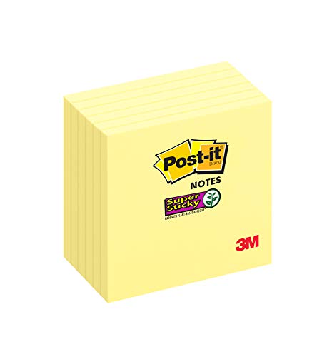 Post-it Super Sticky Notes, 3x3 in, 6 Pads, 2X the Sticking Power, Canary Yellow (654-6SSCY)