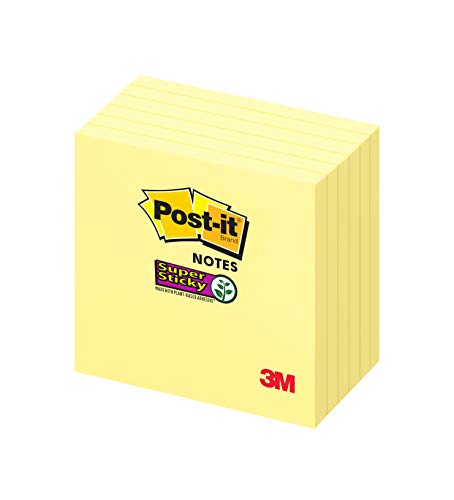 Post-it Super Sticky Notes, 3x3 in, 6 Pads, 2X the Sticking Power, Canary Yellow (654-6SSCY)