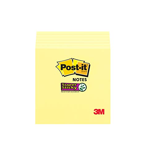 Post-it Super Sticky Notes, 3x3 in, 6 Pads, 2X the Sticking Power, Canary Yellow (654-6SSCY)