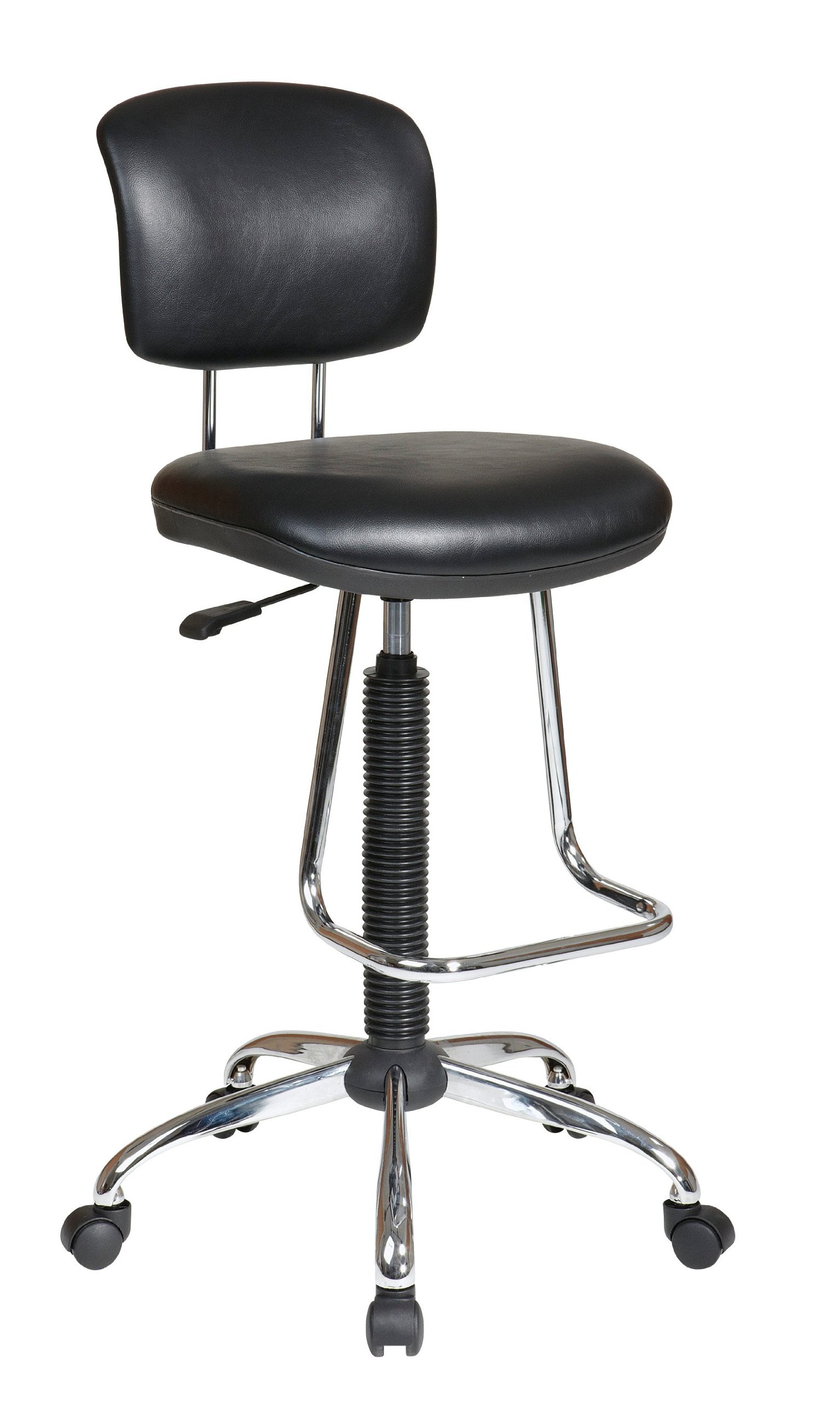 Office Star DC Series Pneumatic Drafting Chair with Vinyl Stool and Back, Heavy Duty Chrome Teardrop Footrest, Black