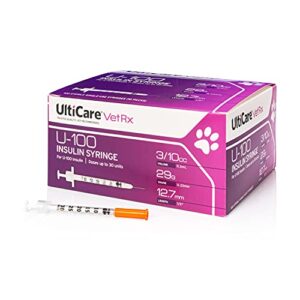 ulticare vetrx u-100 pet insulin syringes, comfortable and accurate dosing of insulin for pets, compatible with any u-100 strength insulin, size: 3/10cc, 29g x 1/2’’, 100 ct box