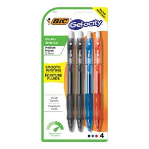 bic® gel-ocity retractable gel ink rollerball pens, medium point, 0.7 mm, assorted barrels, assorted ink colors, pack of 4