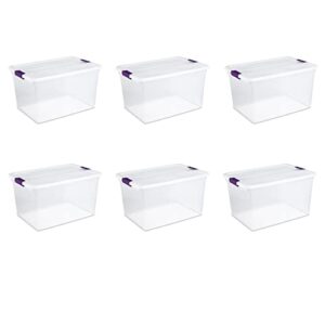 sterilite 66 qt./62 l clearview latch box clears, purple handles (pack of 6)