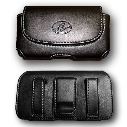 Premium Leather Horizontal Large Size Pouch Protective Carrying Cell Phone Case with Belt Clip and Belt Loops - Black