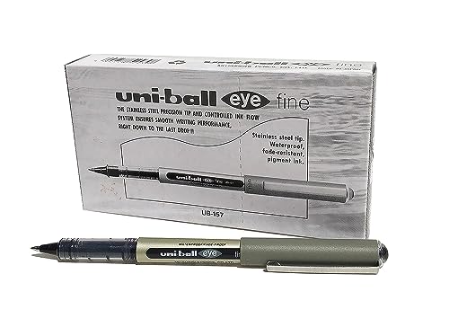 uni-ball UB-157 Eye Rollerball Pens. Premium Fine 0.7mm Ballpoint Tip for Super Smooth Handwriting, Drawing, Art, Crafts and Colouring. Fade and Water Resistant Liquid Uni Super Ink. Box of 12 Black