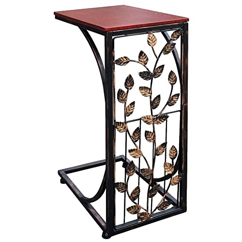 Sofa Side and End Table, Small - Metal, Dark Brown Wood Top With Leaf Design - Perfect for Your Living Room, Slides Up To Sofa / Chair / Recliner - Keep Snacks, Drinks Books & Phone At Easy Reach