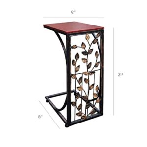 Sofa Side and End Table, Small - Metal, Dark Brown Wood Top With Leaf Design - Perfect for Your Living Room, Slides Up To Sofa / Chair / Recliner - Keep Snacks, Drinks Books & Phone At Easy Reach