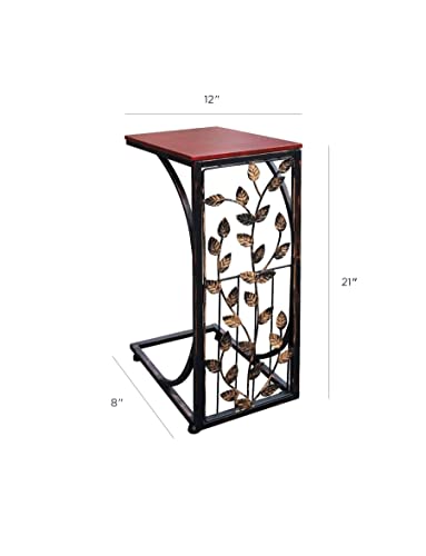 Sofa Side and End Table, Small - Metal, Dark Brown Wood Top With Leaf Design - Perfect for Your Living Room, Slides Up To Sofa / Chair / Recliner - Keep Snacks, Drinks Books & Phone At Easy Reach