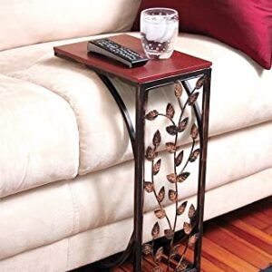 Sofa Side and End Table, Small - Metal, Dark Brown Wood Top With Leaf Design - Perfect for Your Living Room, Slides Up To Sofa / Chair / Recliner - Keep Snacks, Drinks Books & Phone At Easy Reach