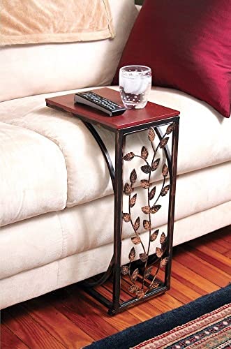 Sofa Side and End Table, Small - Metal, Dark Brown Wood Top With Leaf Design - Perfect for Your Living Room, Slides Up To Sofa / Chair / Recliner - Keep Snacks, Drinks Books & Phone At Easy Reach