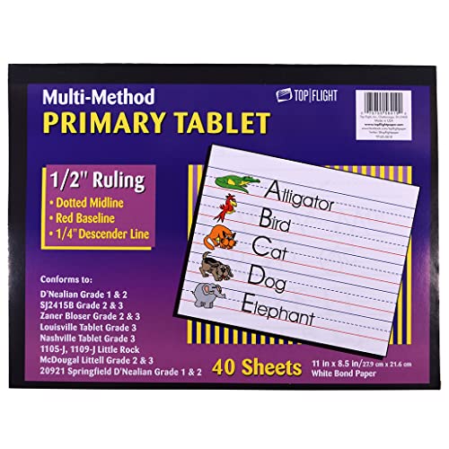 Top Flight Multi-Method 3rd Grade Primary Tablet, 1/2 Inch Ruling, Bond Paper, 11 x 8.5 Inches, 40 Sheets (56419), White