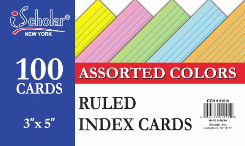 iScholar Index Cards, Ruled, Colored, 3 x 5 Inches, 100 Card Pack (03516)