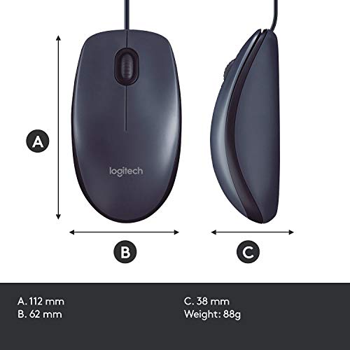 Logitech B100 Corded Mouse, Wired USB Mouse for Computers and Laptops, Right or Left Hand Use - Black