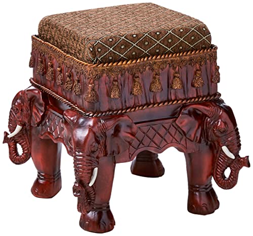 Design Toscano Maharajah Elephants Indian Decor Upholstered Footstool, 13 Inches Wide, 13 Inches Deep, 13 Inches High, Handcast Polyresin, Wood Tone Finish