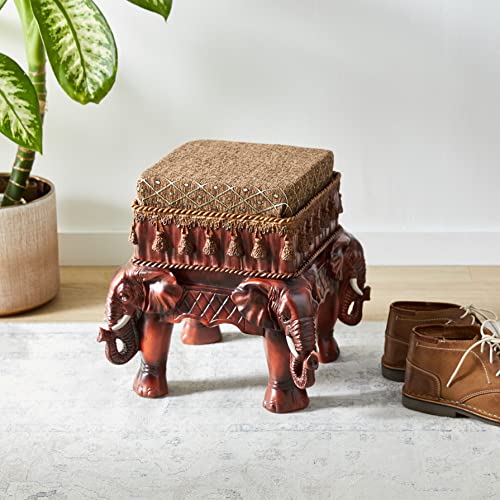 Design Toscano Maharajah Elephants Indian Decor Upholstered Footstool, 13 Inches Wide, 13 Inches Deep, 13 Inches High, Handcast Polyresin, Wood Tone Finish