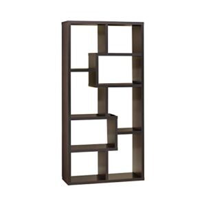 coaster home furnishings asymmetrical cube 8-shelf bookcase cappuccino, 11.75" d x 35" w x 70.5" h