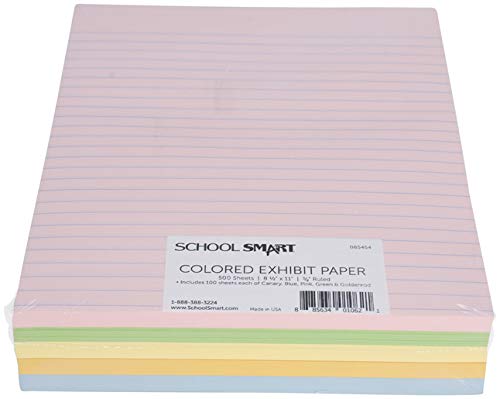 School Smart Ruled Exhibit Paper, 8-1/2 x 11 Inches, Assorted Colors, 500 Sheets - 085454