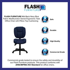 Flash Furniture Caroline Mid-Back Navy Blue Fabric Multifunction Swivel Ergonomic Task Office Chair with Pillow Top Cushioning