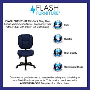 Flash Furniture Caroline Mid-Back Navy Blue Fabric Multifunction Swivel Ergonomic Task Office Chair with Pillow Top Cushioning