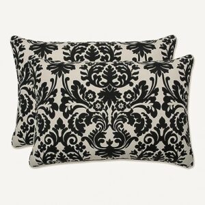 pillow perfect damask outdoor throw accent pillow, plush fill, weather, and fade resistant, large lumbar - 16.5" x 24.5", black/ivory essence, 2 count