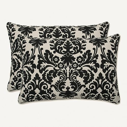 Pillow Perfect Damask Outdoor Throw Accent Pillow, Plush Fill, Weather, and Fade Resistant, Large Lumbar - 16.5" x 24.5", Black/Ivory Essence, 2 Count