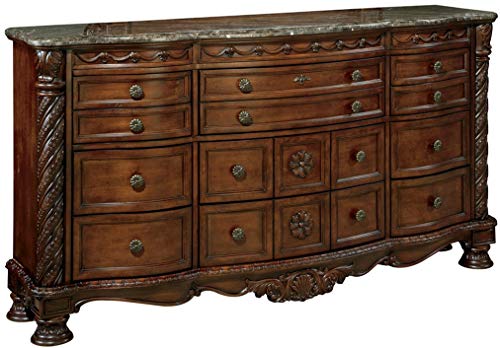 Signature Design by Ashley North Shore Ornate 9 Drawer Dresser with Marble Inlay Top, Dark Brown