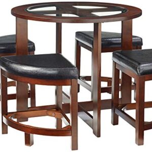 Roundhill Furniture Cylina Solid Wood Glass Top Round Dining Table with 4 Chairs