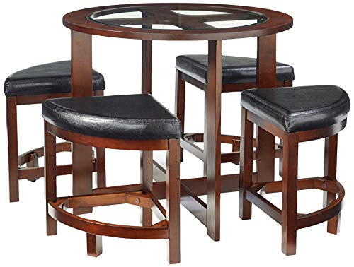 Roundhill Furniture Cylina Solid Wood Glass Top Round Dining Table with 4 Chairs