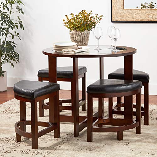 Roundhill Furniture Cylina Solid Wood Glass Top Round Dining Table with 4 Chairs